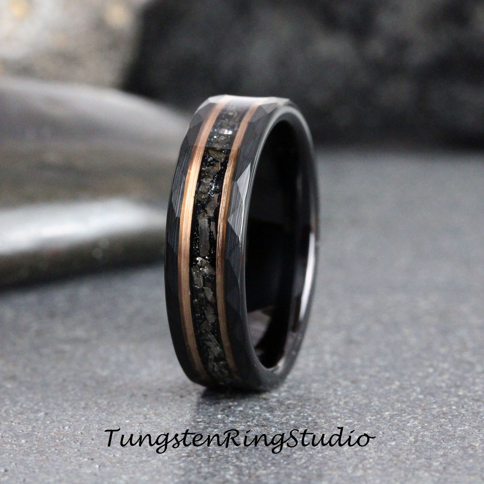 Meteorite Hammer Ring Set, His and Hers Ring Rose Gold Strips Black ...