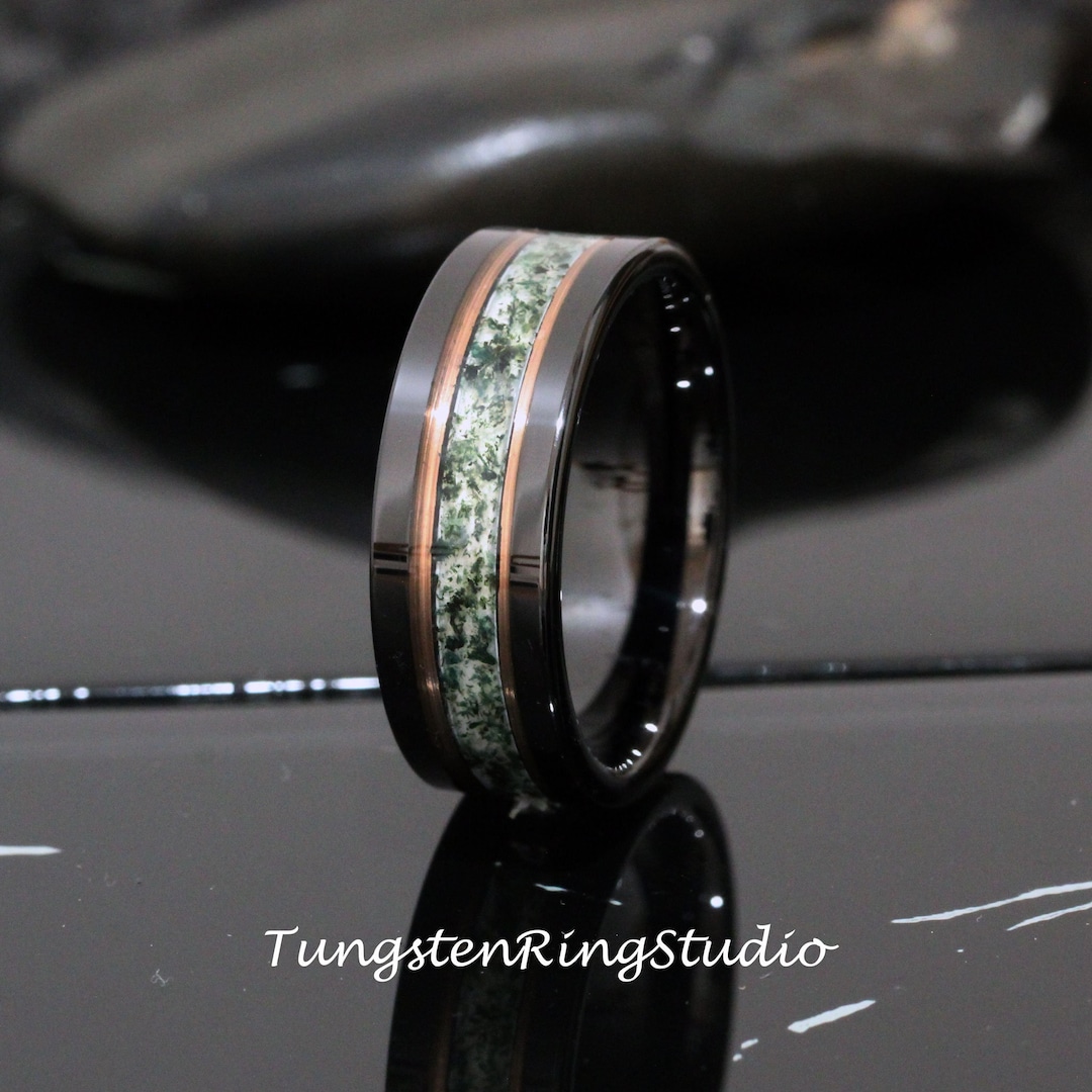 Polish Green Moss Agate Black Rose Gold Accent Ring 8mm Tungsten ...