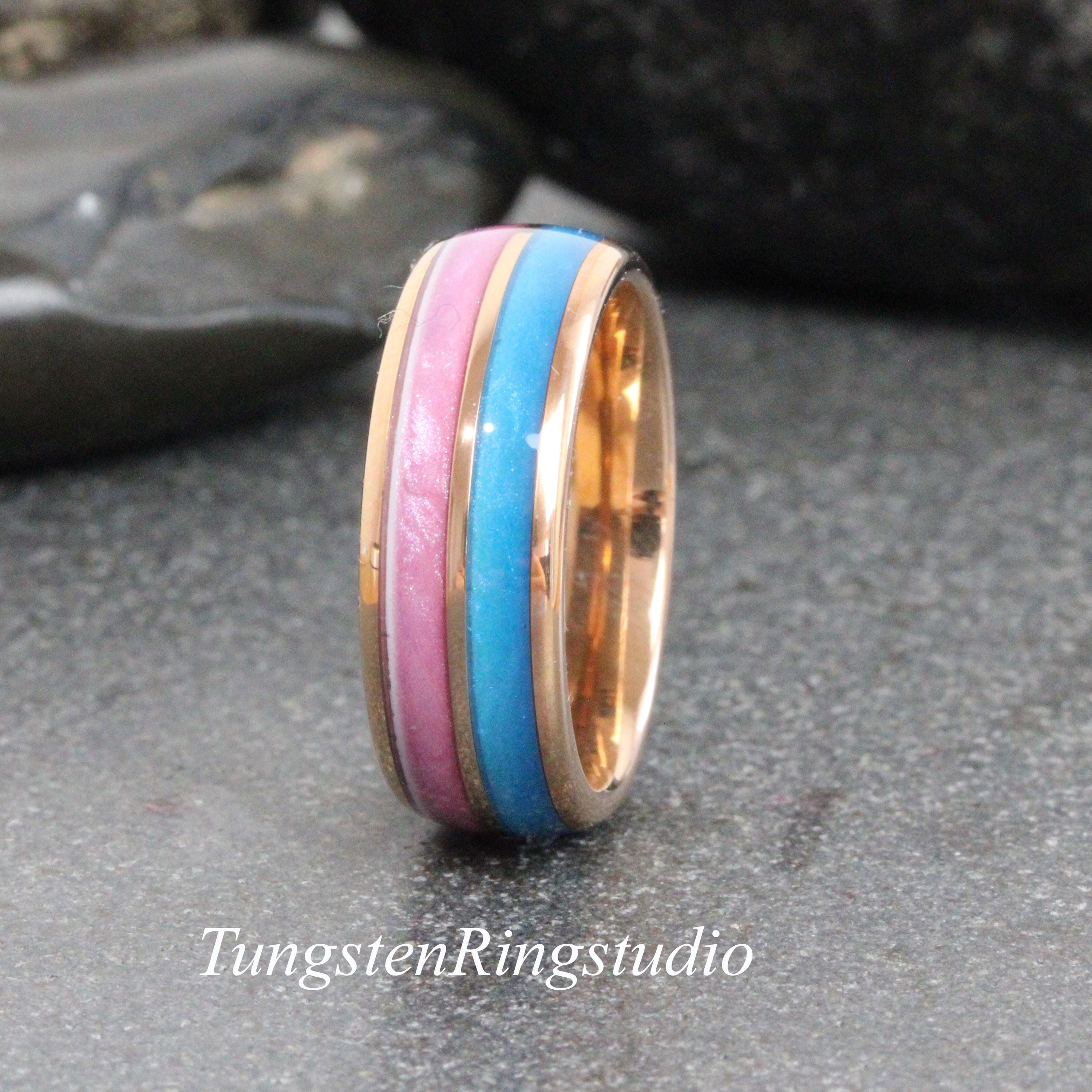 Blue and Pink Rose Gold Tungsten Ring, Sand Ring, Tungsten Carbide Ring ...