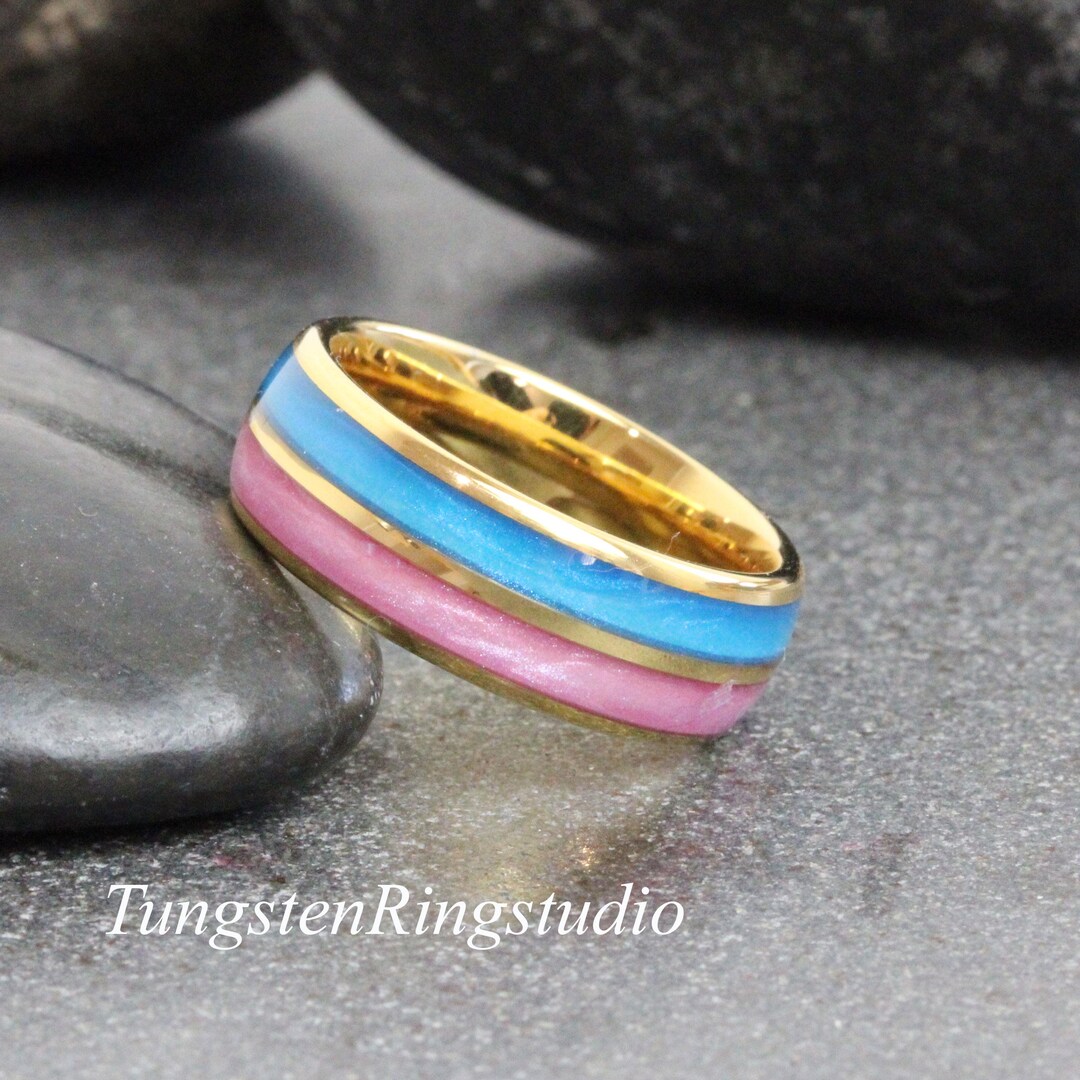 Blue and Pink Yellow Gold Tungsten Ring, Sand Ring, Tungsten Carbide ...