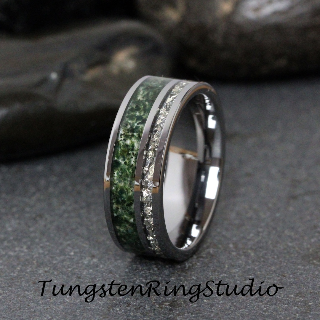 Moss Agate Silver German Glass Wedding Ring 8mm 6mm Diamond Alternative ...