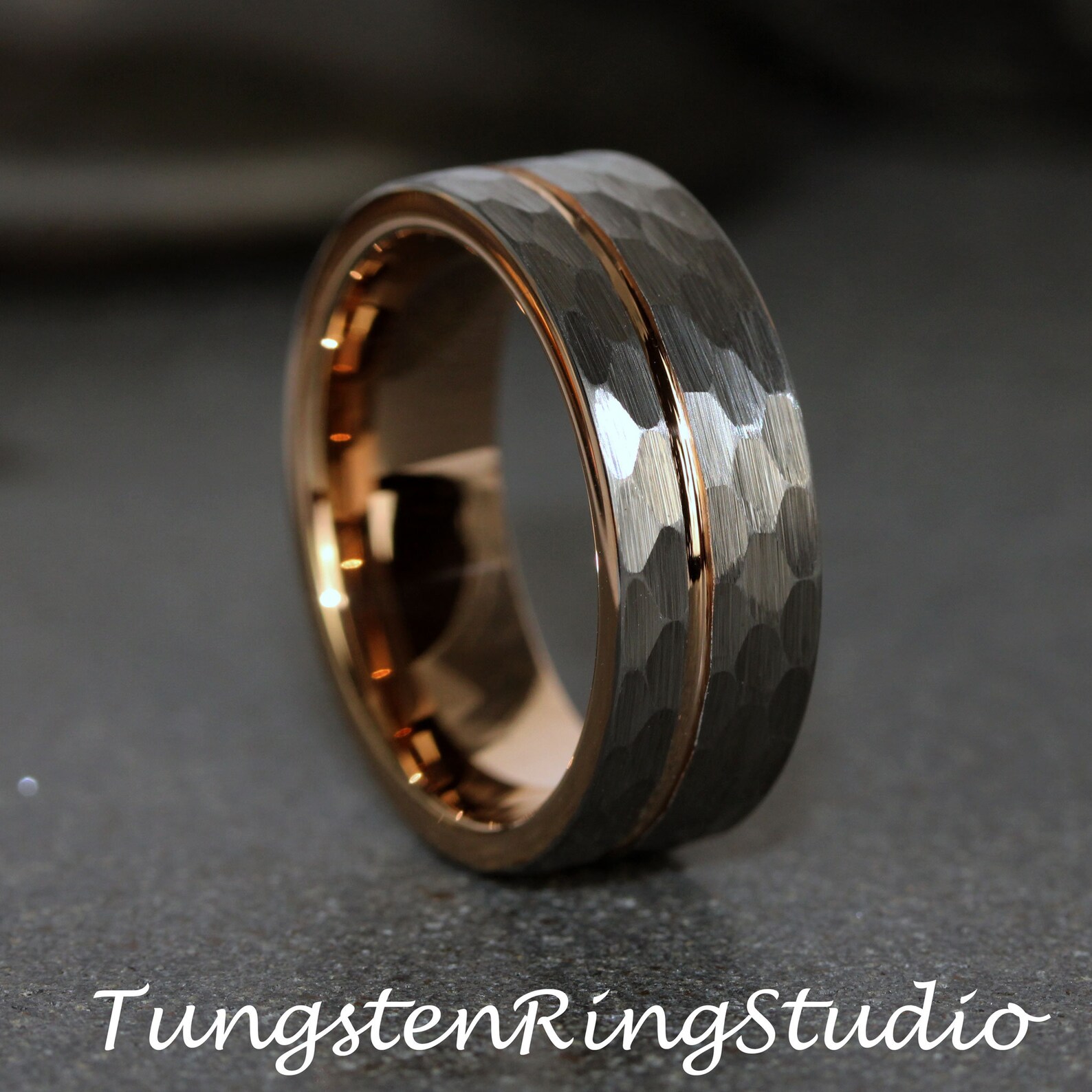 Hammer Wedding Ring Gray Rose Gold Strip Tungsten Rose Gold 8 - Etsy