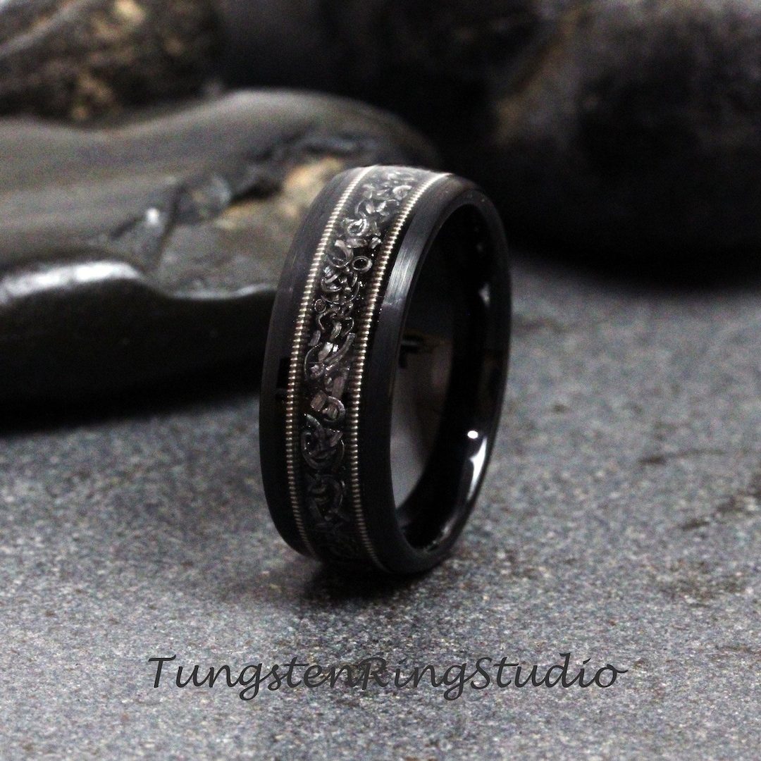 Meteorite Bass String Black Ring 8mm Ring Black Tungsten Wedding Ring ...