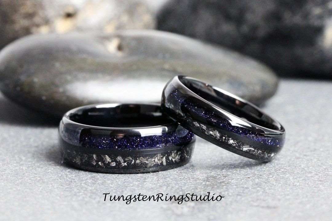 Meteorite Wedding Set, Nebula Matching Ring His and Hers Ring Black 6mm ...