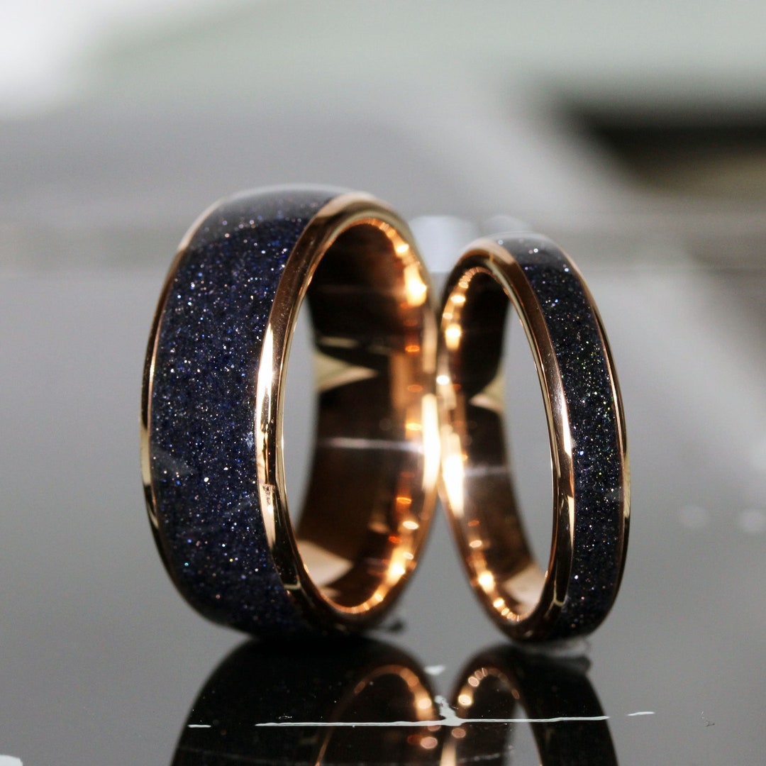 Match His and Hers Crushed Blue Sandstone Nebula Wedding Ring Rose Gold ...