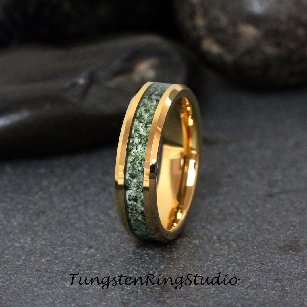 Green Moss Agate Ring Yellow Gold Beveled Tungsten Ring Mens Ring ...