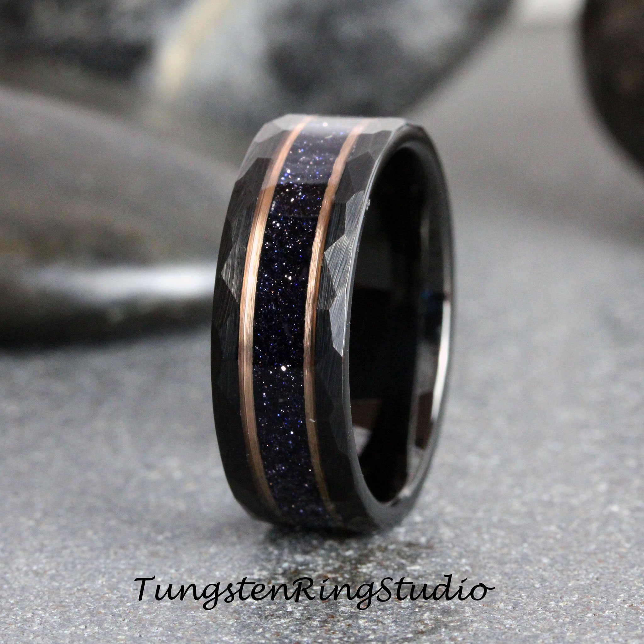 Mens Hammer Nebula Rose Gold Strip Ring Black Wedding Ring - Etsy