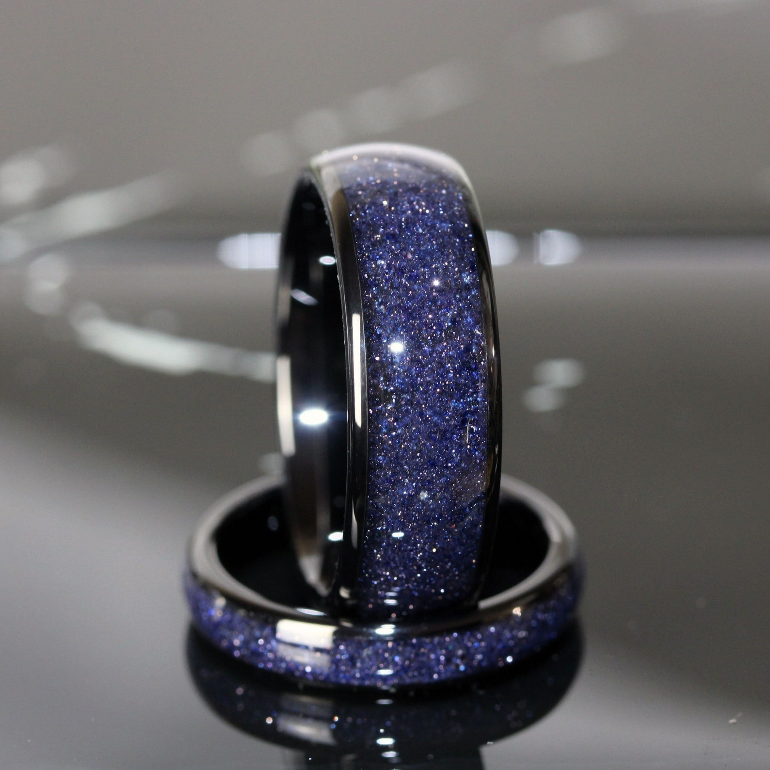 Black Nebula Blue Sandstone Ring Silver Polished Tungsten - Etsy