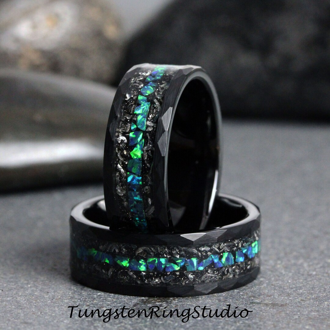 Mens Meteorite Ring, Hammer Blue Opal Wedding Ring, Mens Wedding Ring ...