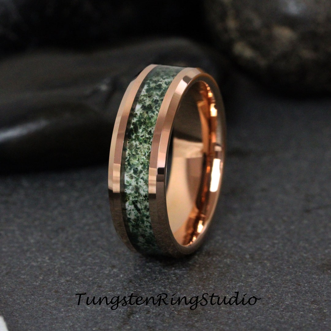 Mens Moss Agate Ring Rose Gold Beveled Tungsten Ring Green Womens ...