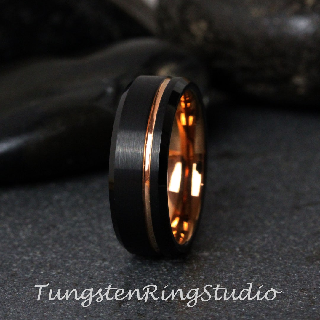 Black Beveled Mens Ring Rose Gold Accent Wedding Ring Brushed Tungsten ...