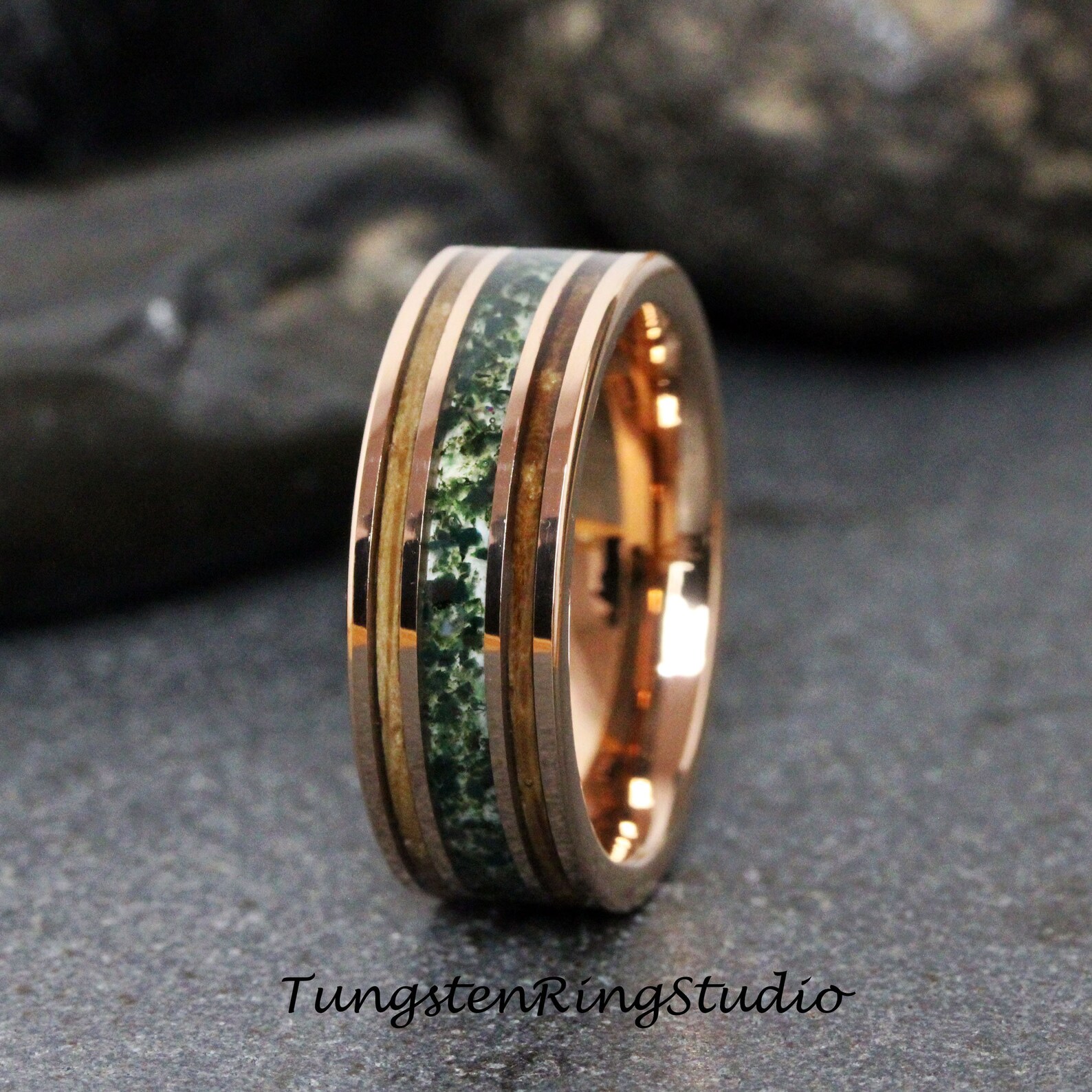 Moss Agate Whiskey Barrel Wood Wedding Ring 8mm Green Moss Wood Rose ...