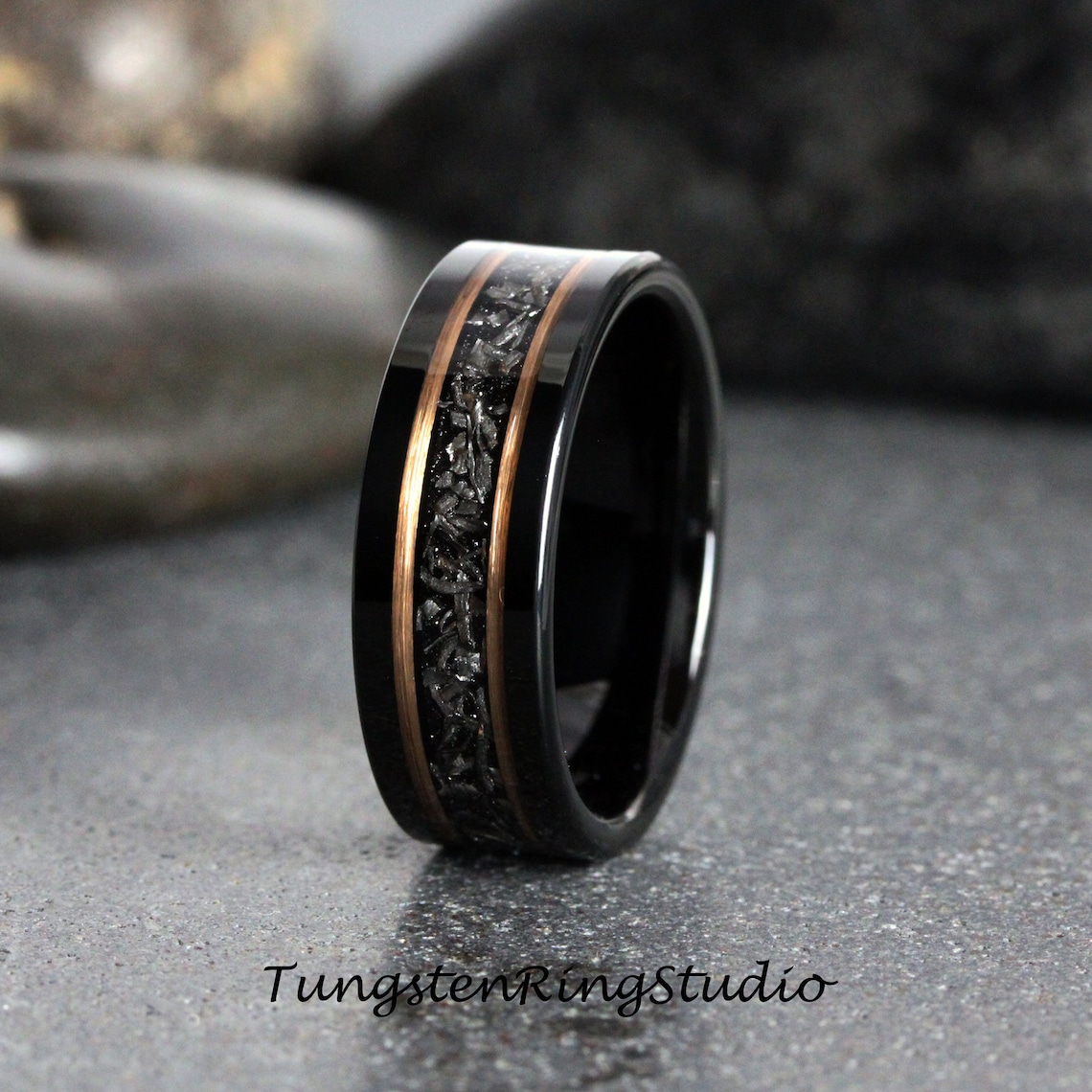 Meteorite Rose Gold Strip Black Tungsten Wedding Rings Stripe - Etsy