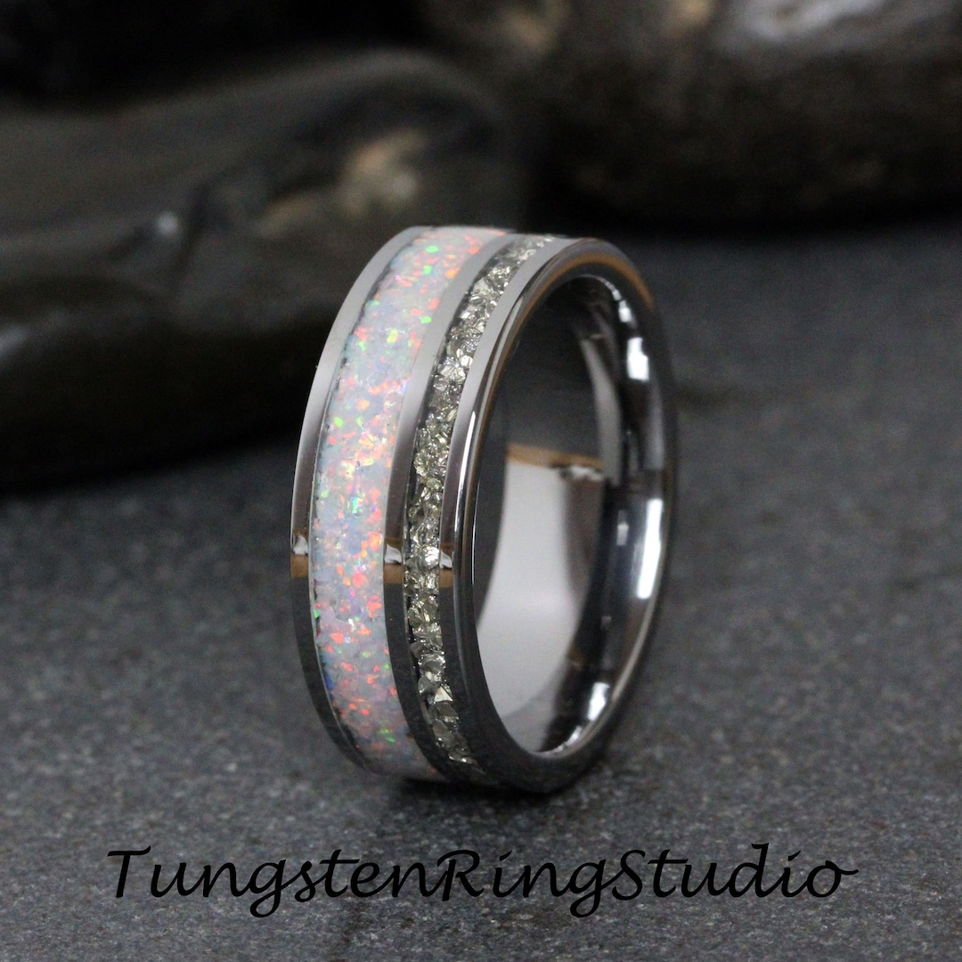 Fire White Opal and Silver German Glass Wedding Ring 8mm 6mm Diamond ...