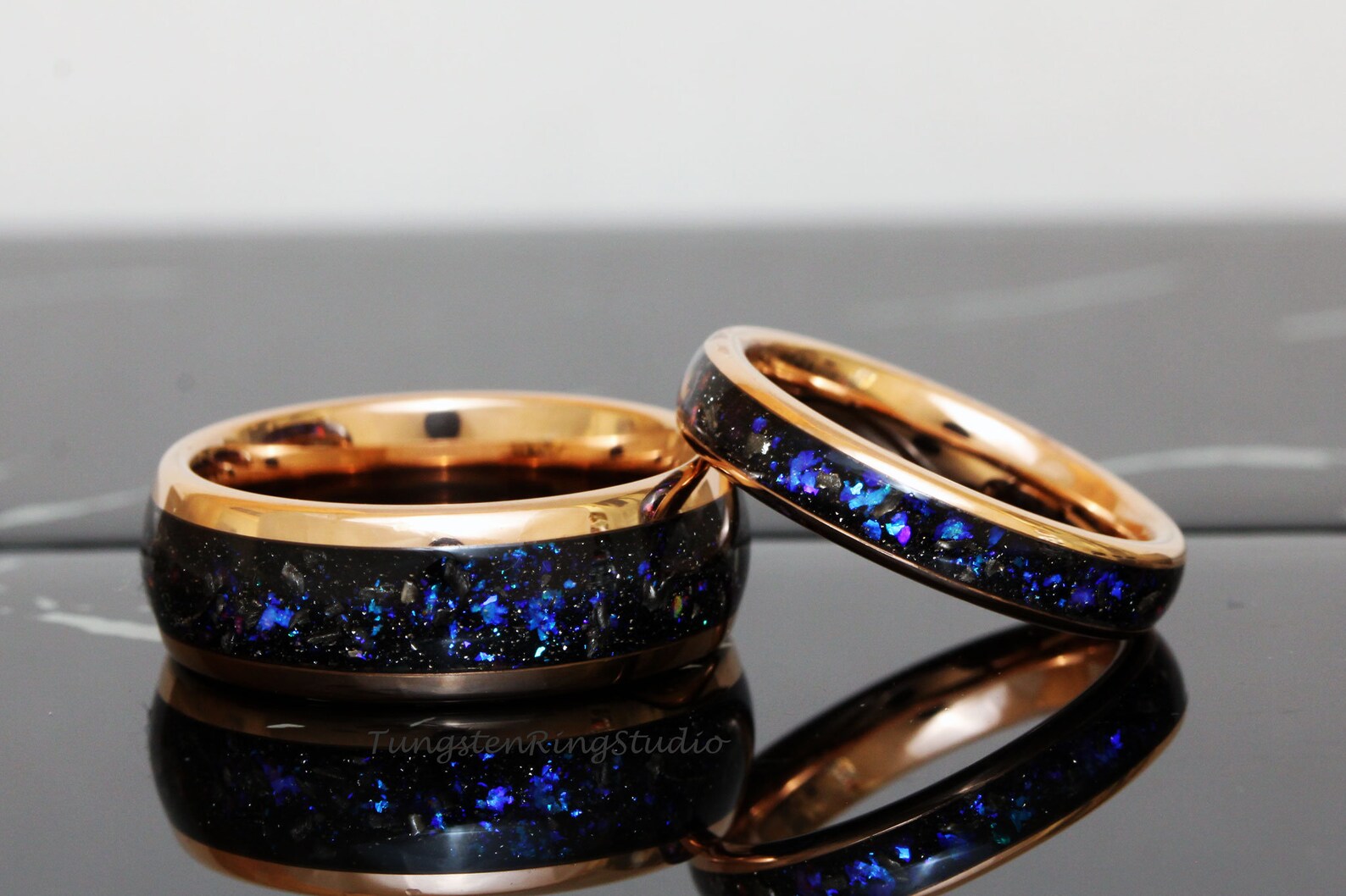 Meteorite Nebula Matching Ring Set His and Hers Ring Set Rose Gold 4mm ...