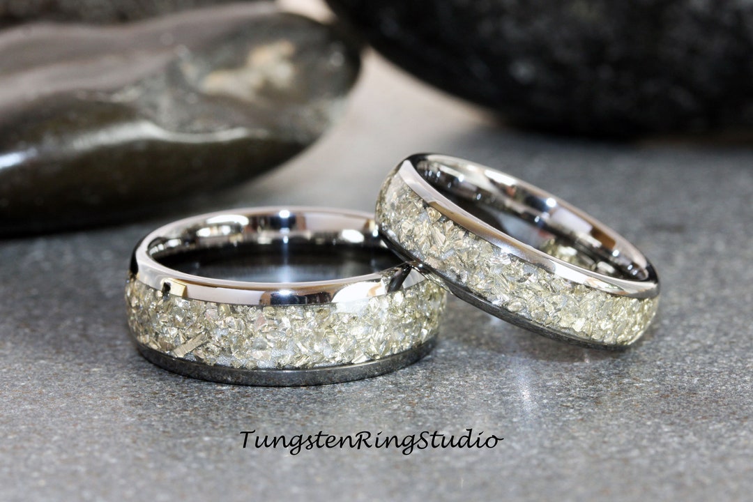 German Glass Ring Set, Silver Glass Wedding Ring, Silver Gray His and ...