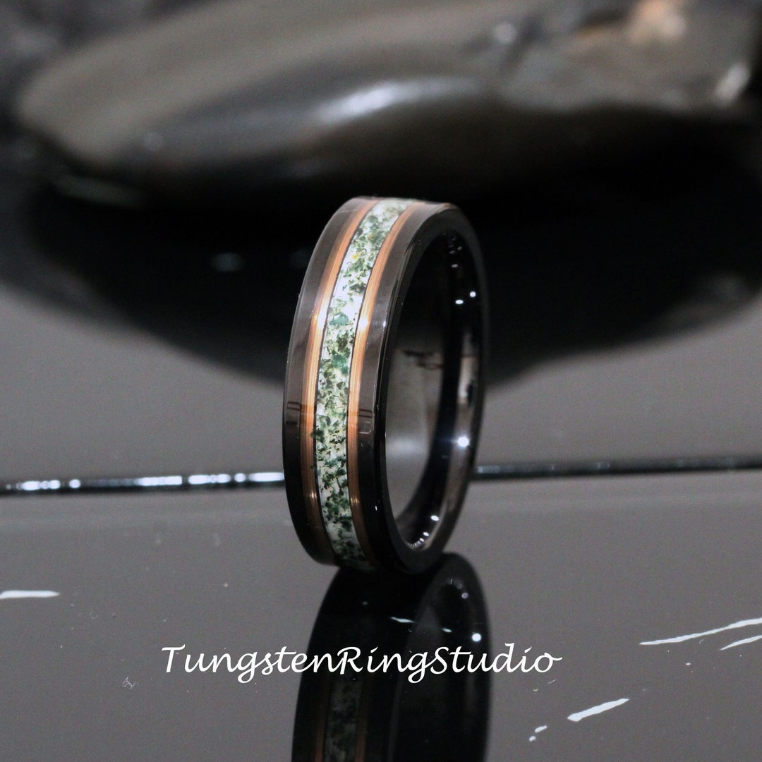 6mm Polish Moss Men Ring Green Moss Agate Black Rose Gold Accent Ring ...