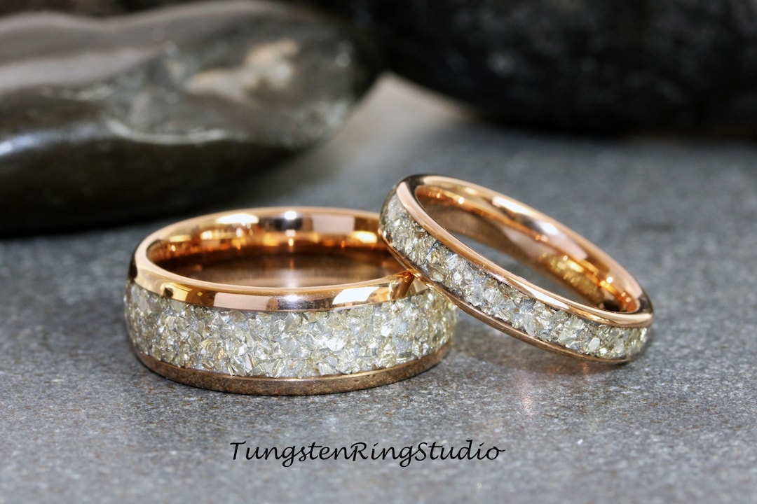 Rose Gold Glass Ring Set, German Silver Glass Wedding Ring, His and ...