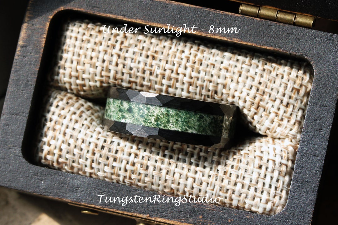 Hammer Moss Agate Ring 8mm Black Tungsten Wedding Ring Men Wedding Band ...