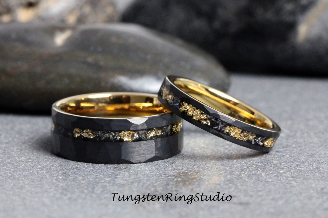Hammer Gold Leaf Ring Set Meteorite Ring His and Her Match Black ...
