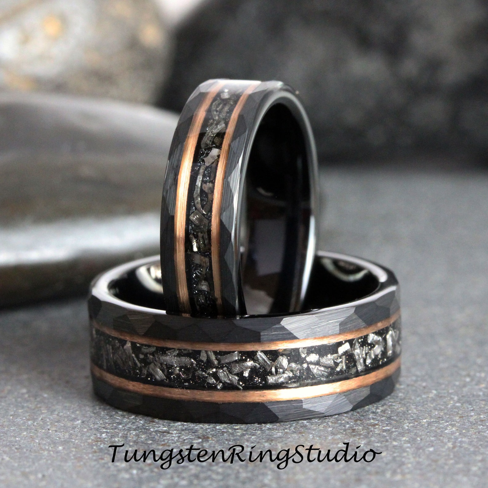 Meteorite Hammer Ring Set, His and Hers Ring Rose Gold Strips Black ...