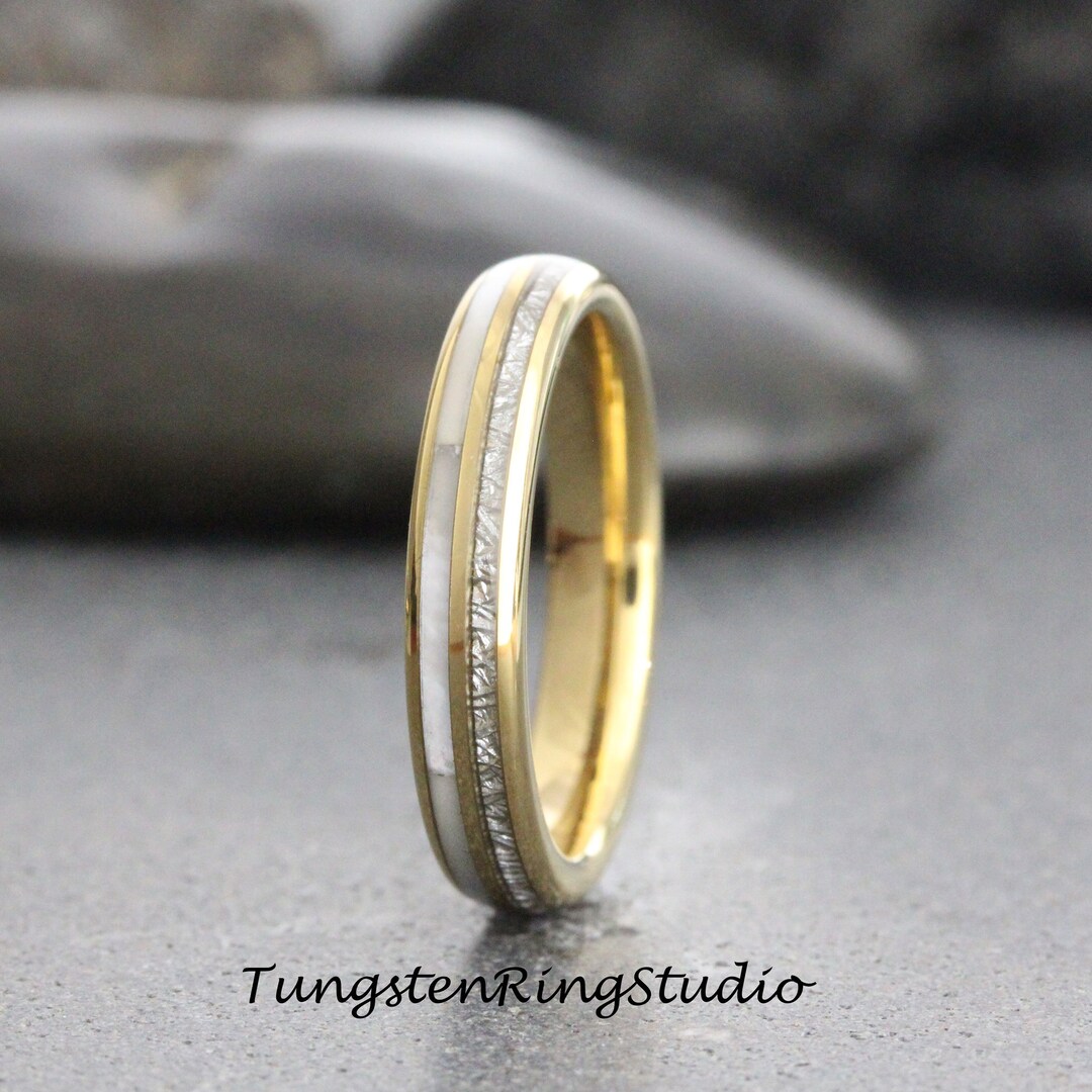 4mm Dainty Yellow Gold Mother of Pearl Meteorite Tungsten Wedding Rings ...