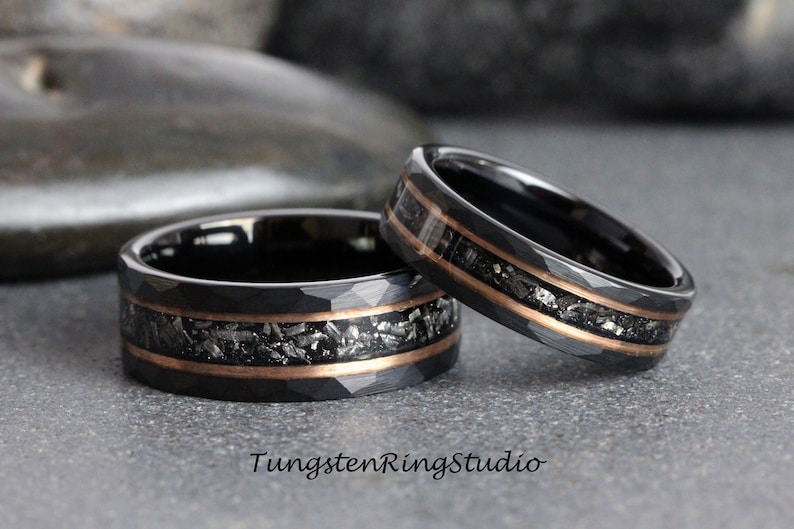 Meteorite Hammer Ring Set, His and Hers Ring Rose Gold Strips Black ...