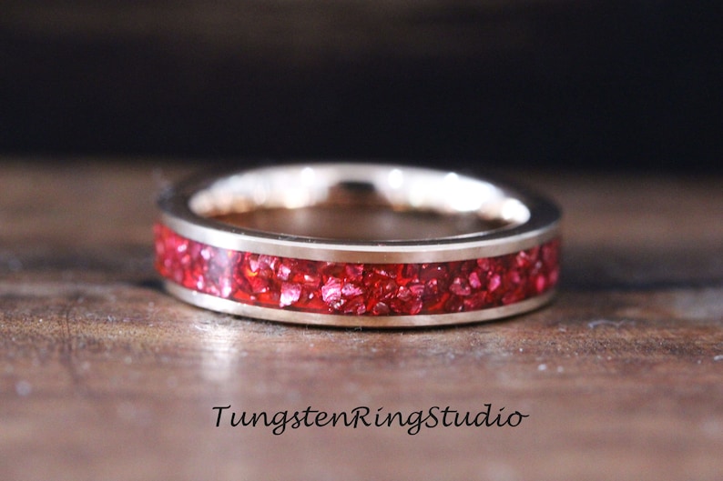 Red Ruby Ring, Rose Gold Red Ruby German Glass Wedding Tungsten Carbide ...
