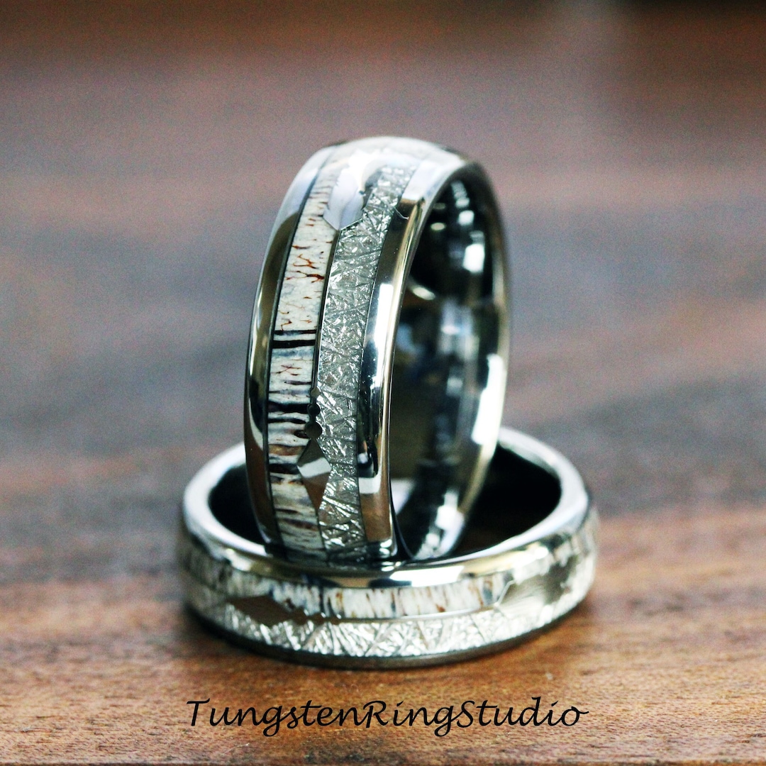 Meteorite Arrow Deer Antler Tungsten Wedding Ring Match His and Her ...
