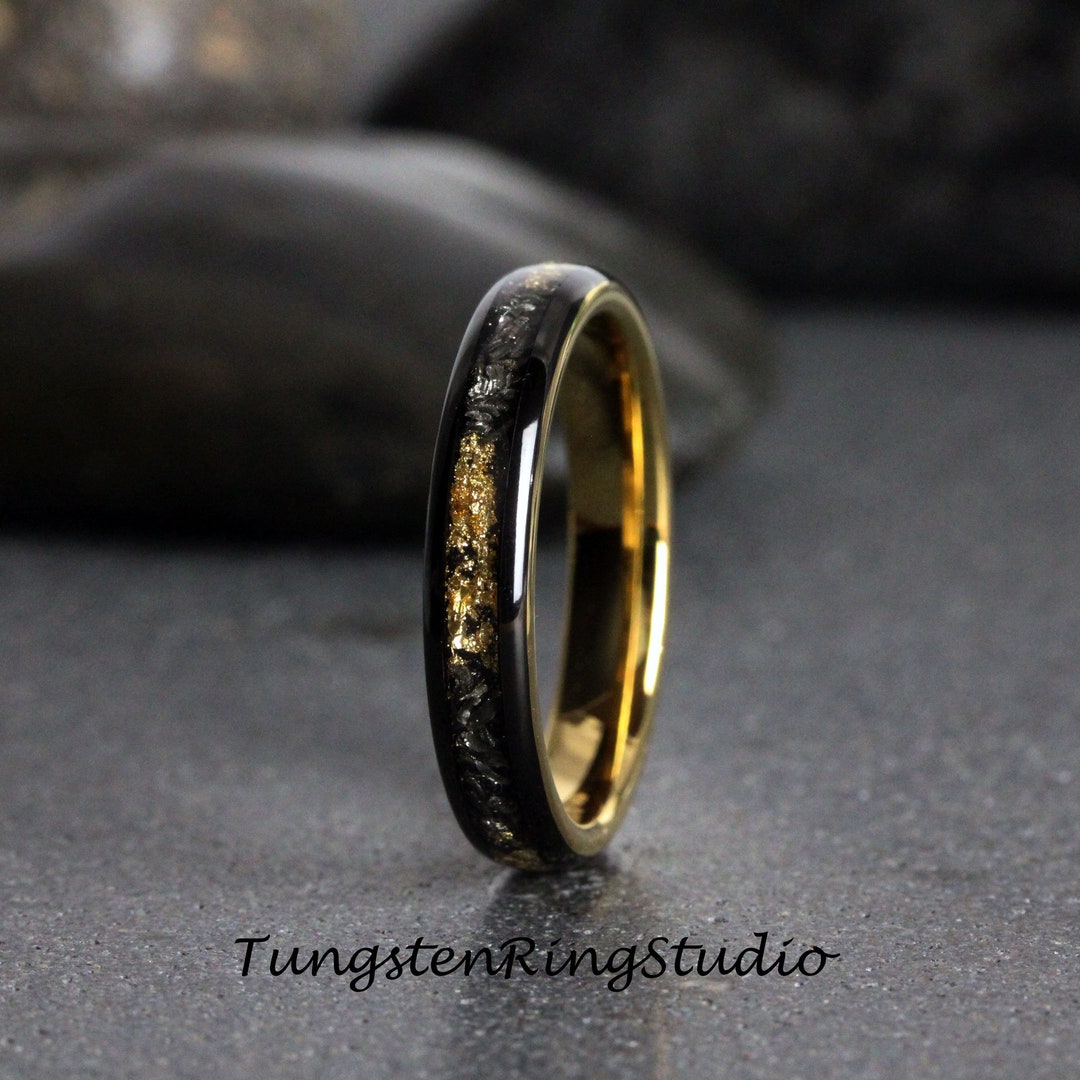 4mm Gold Leaf Meteorite Ring, Black Meteorite Ring, Ring Rose Foil Leaf ...