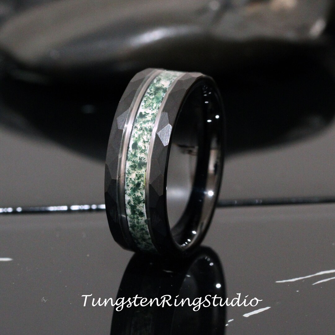 Moss White Gold Accent Green Moss Agate Black Hammer Ring 8mm Tungsten ...