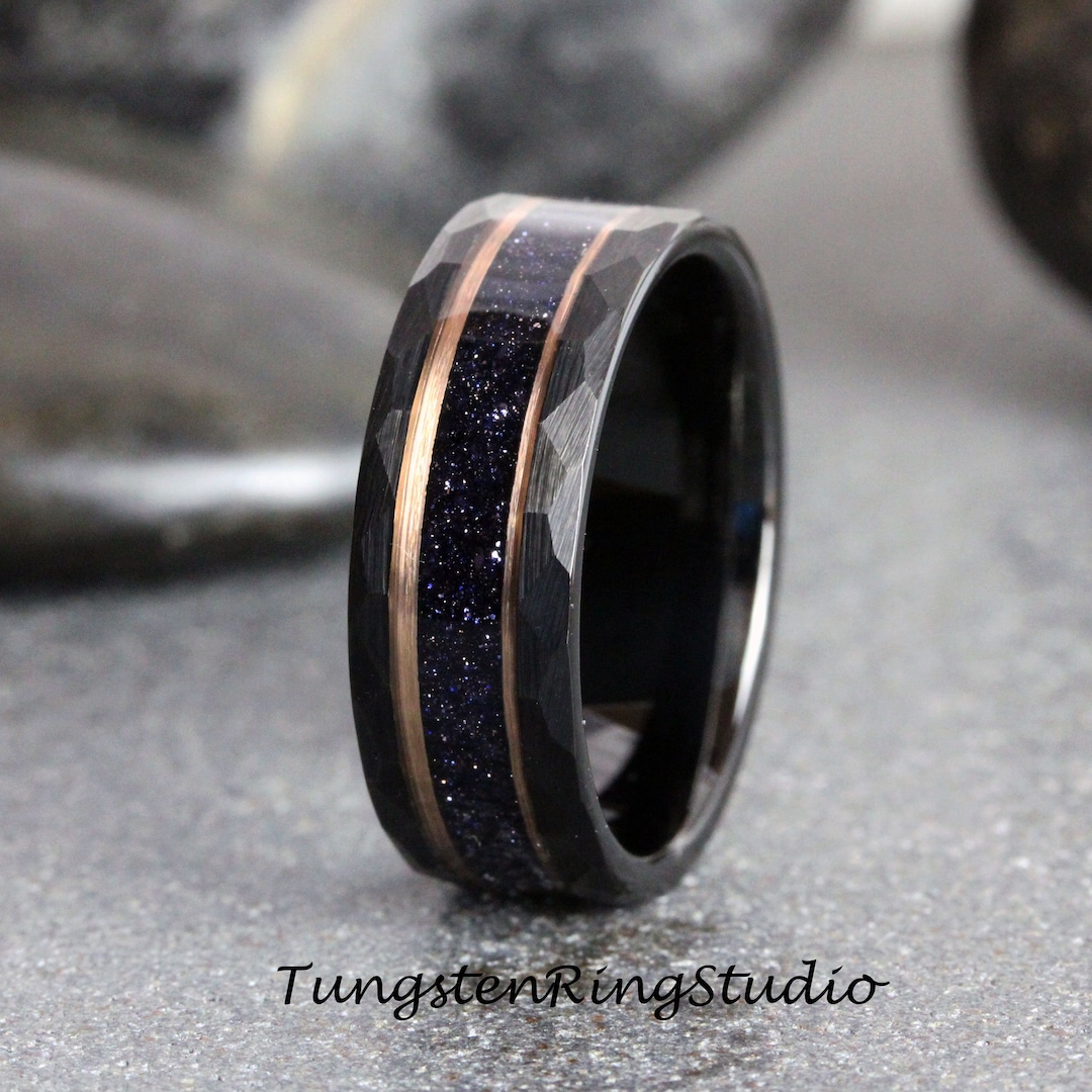 Mens Hammer Nebula Rose Gold Strip Ring Black Wedding Ring Blue ...