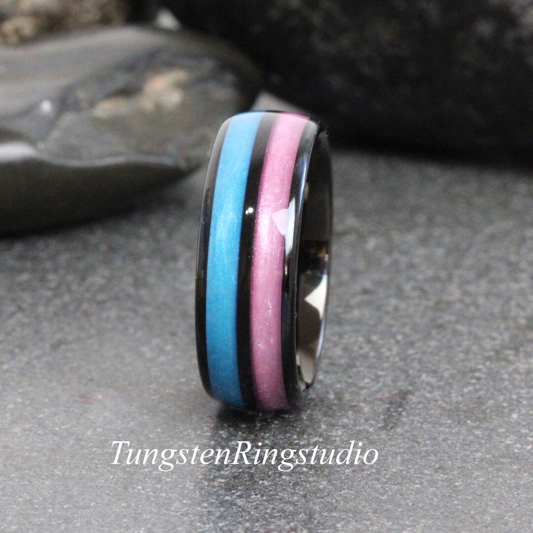 Blue and Pink Tungsten Ring, Sand Ring, Tungsten Carbide Ring, Blue ...