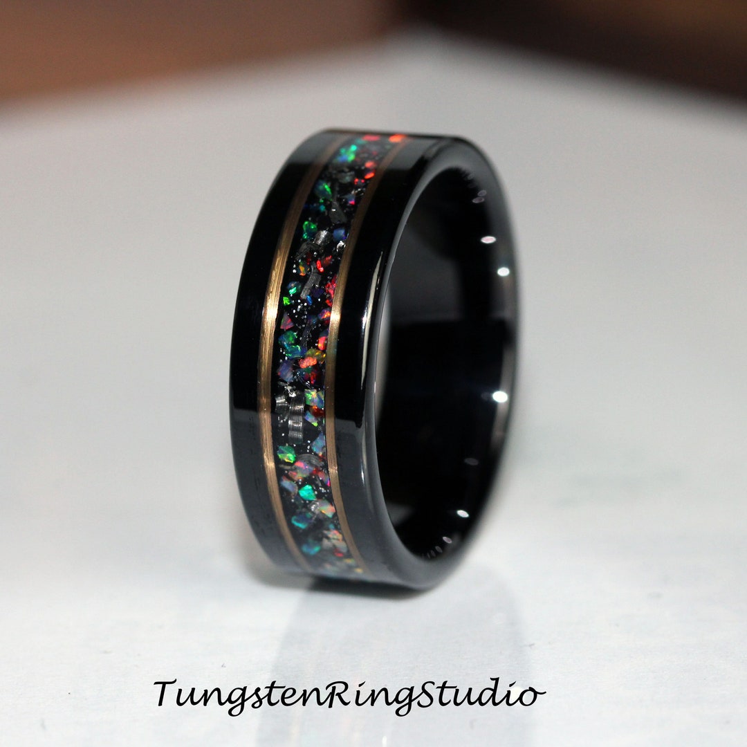 Meteorite Ring With Crushed Galaxy Opal Rose Gold Strip Black Tungsten ...