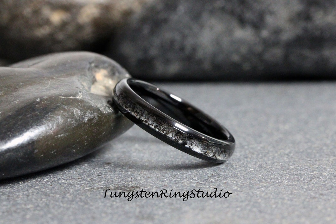 4mm Black Rutilated Quartz Ring Black Polish Tungsten Wedding Ring 4mm ...