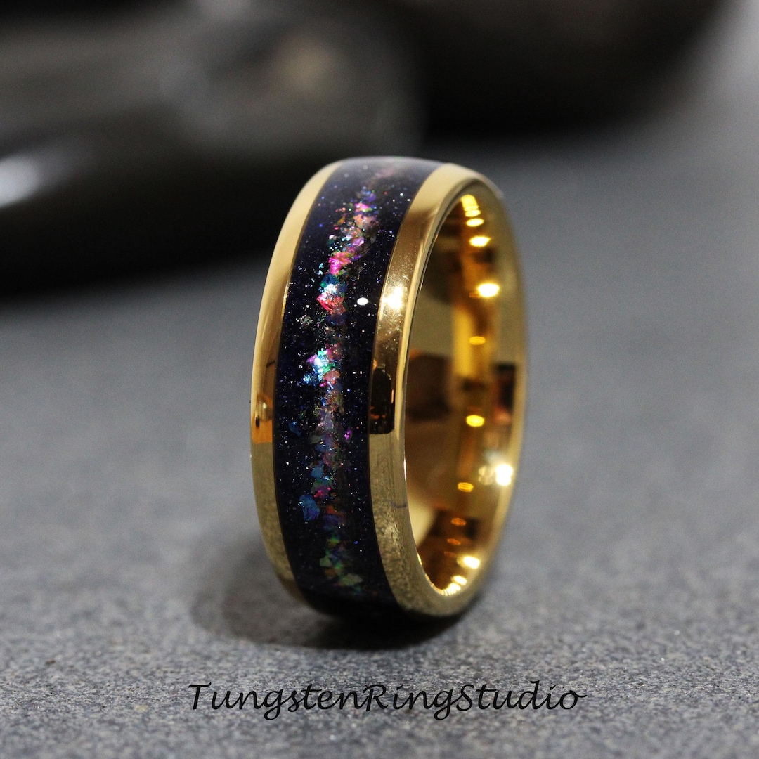 Yellow Gold Galaxy Nebula Wedding Ring, Blue Sandstone Nebula Inlay ...
