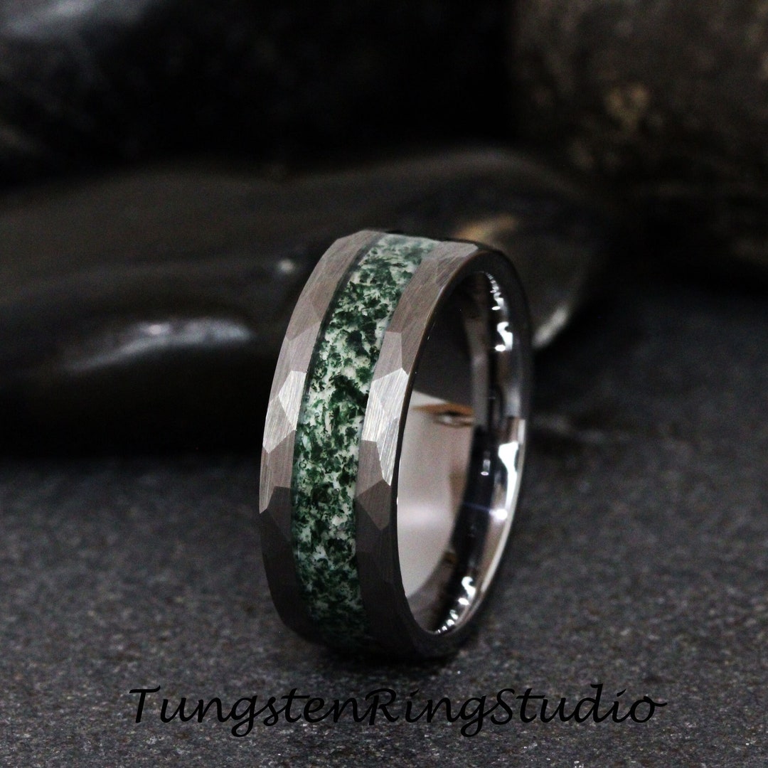 Green Moss Agate Hammer Ring 8mm 6mm 4mm Tungsten Wedding Ring Men ...