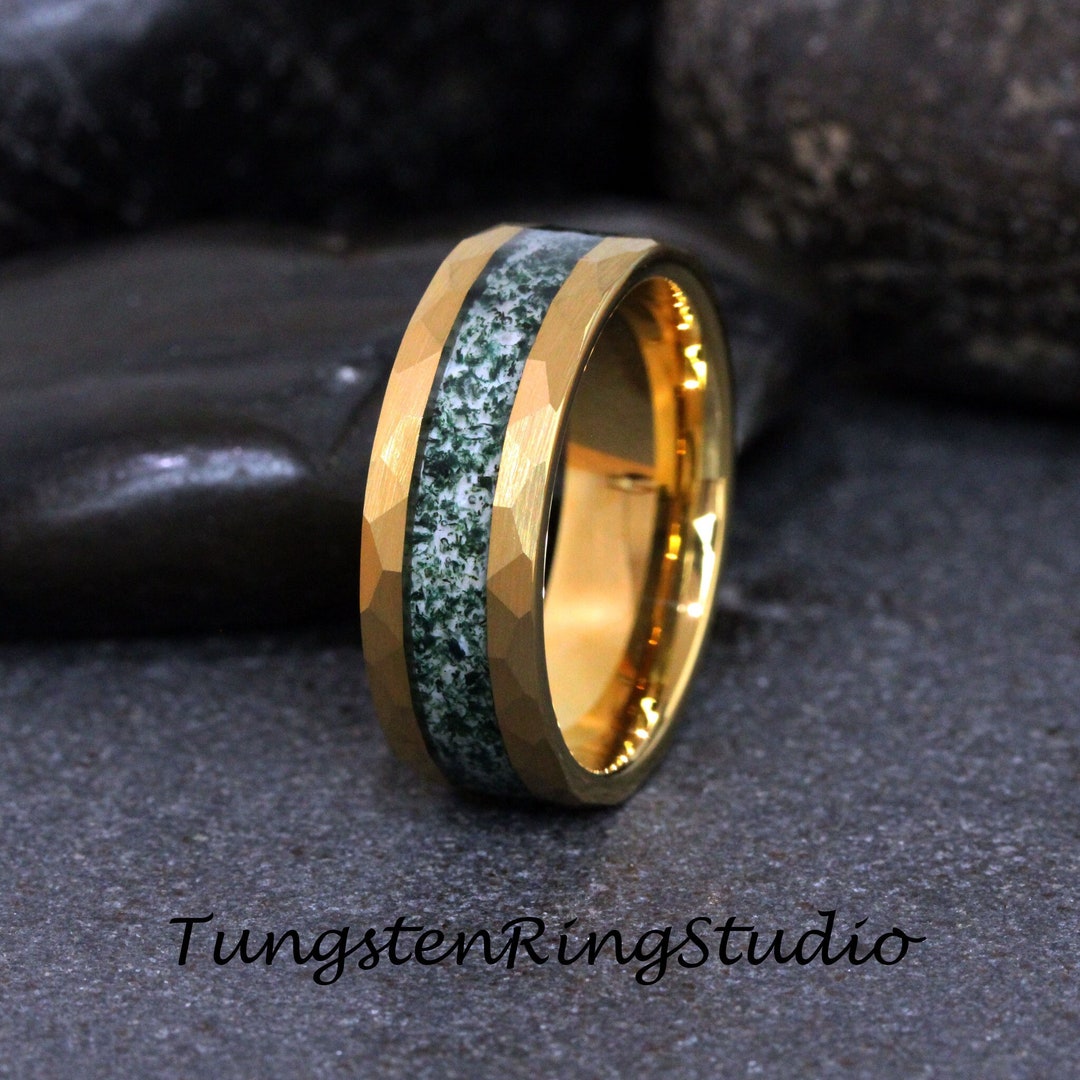 Hammer Gold Moss Agate Ring 8mm 6mm 4mm Tungsten Wedding Ring Men ...
