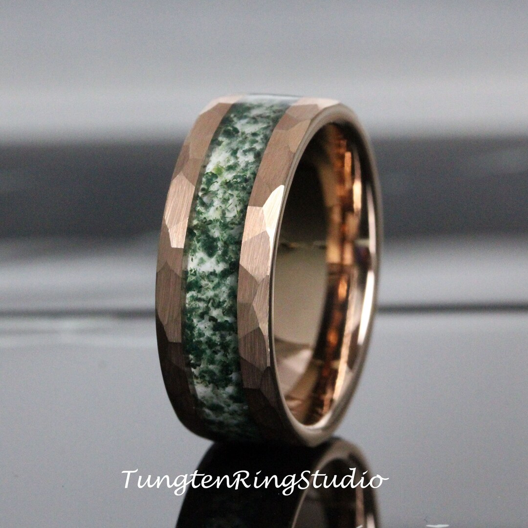 Hammer Rose Gold Moss Agate Ring 8mm 6mm 4mm Tungsten Wedding - Etsy