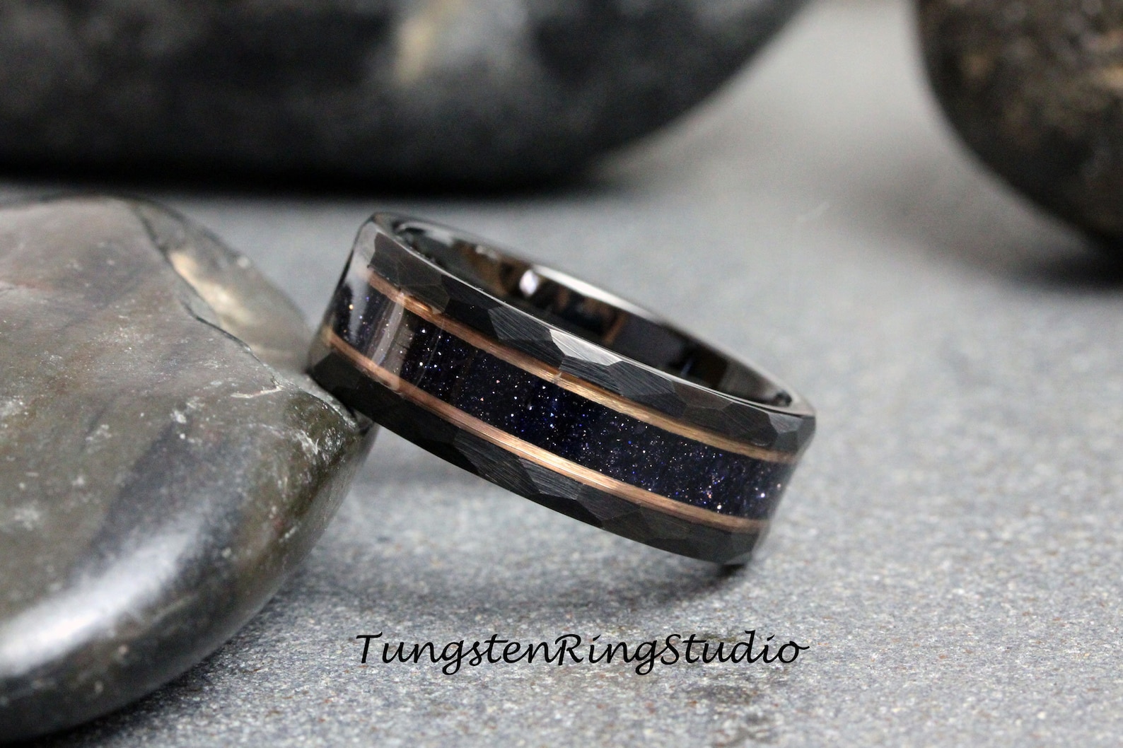 Mens Hammer Nebula Rose Gold Strip Ring Black Wedding Ring - Etsy
