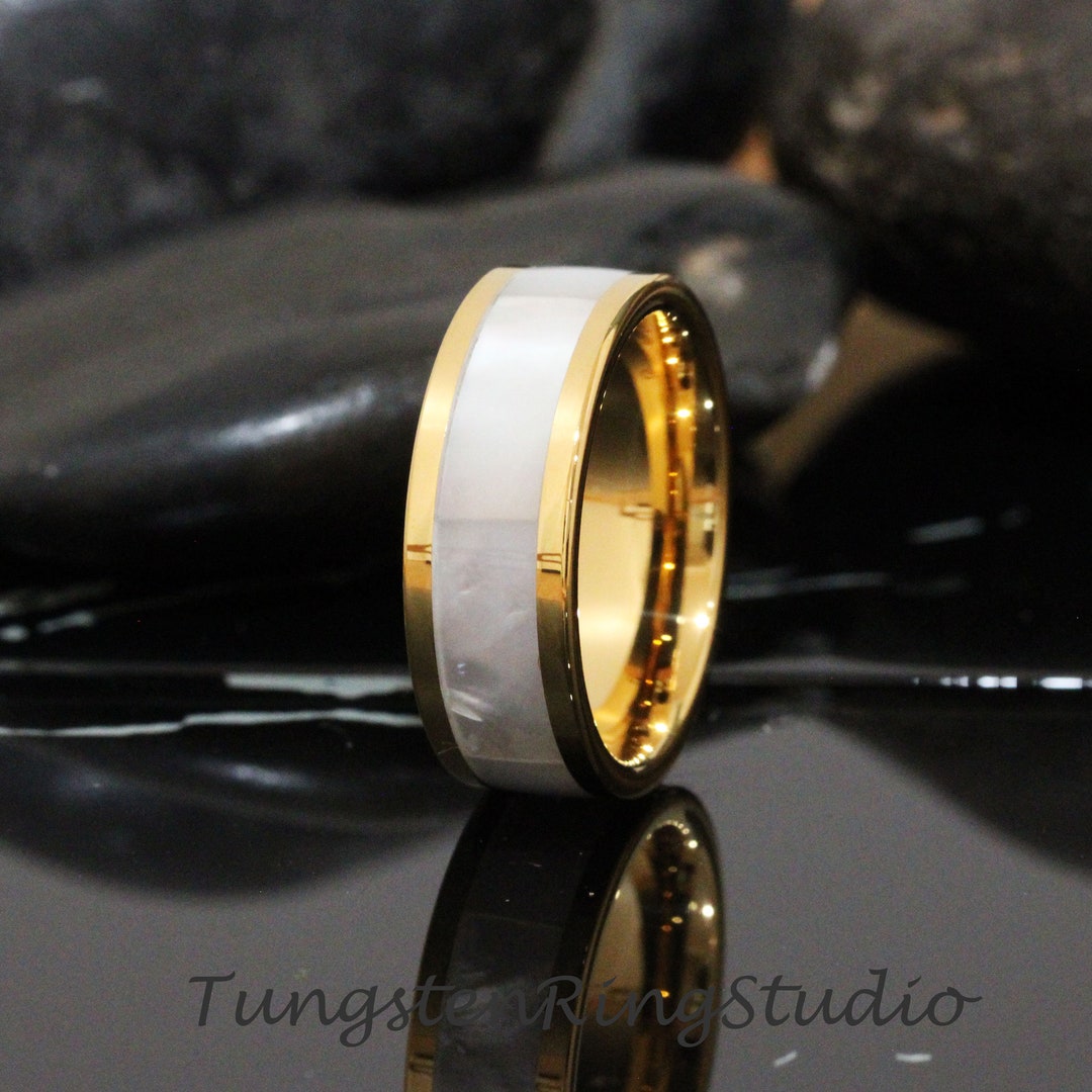 Mens Mother of Pearl Flat Polish Yellow Gold Tungsten Wedding Ring Band ...