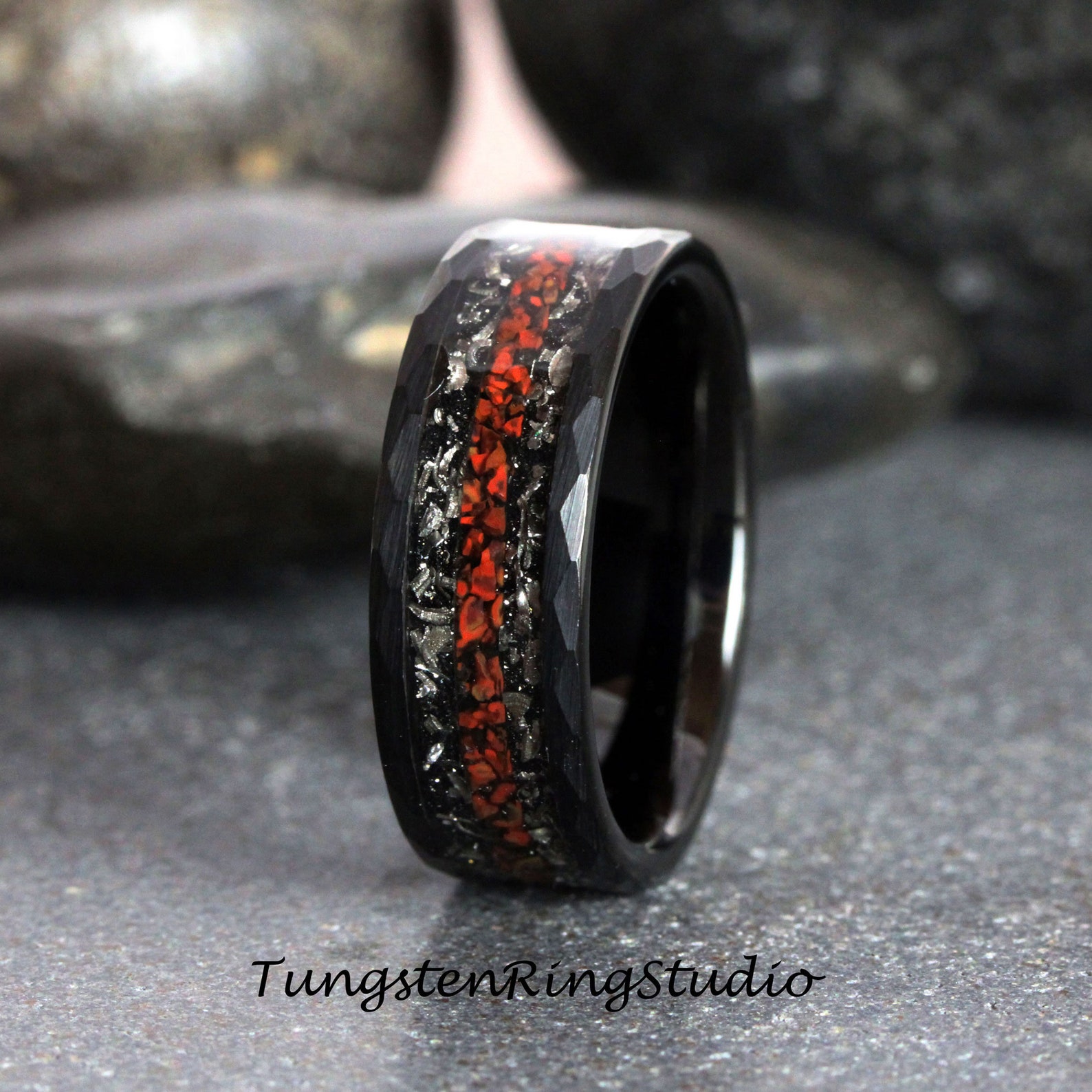 Mens Hammer Ring Meteorite Wedding Rings Dinosaur Bone Black Tungsten ...
