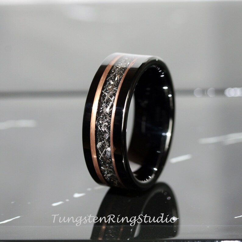 Meteorite Rose Gold Strip Black Tungsten Wedding Rings Stripe | Etsy