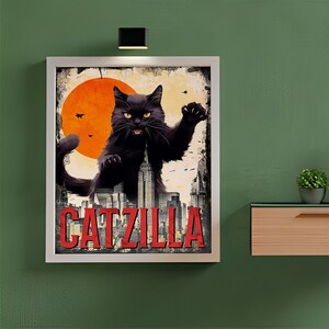 Catzilla Japanese Poster, Catzilla Black Cat Wall Art, Retro Cute Cat ...