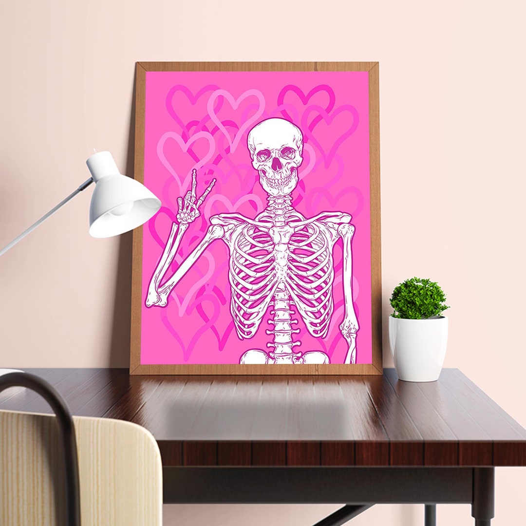Cute Skeleton Poster, Pink Hearts Skeleton Canvas, Aesthetic Preppy ...