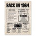 Back in 1964 Newspaper Poster Canvas, Vintage 60th Birthday Wall Art ...