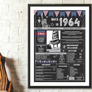 Back in 1964 Newspaper Poster Canvas, Vintage 60th Birthday Wall Art ...