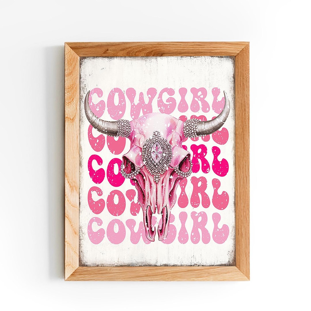 Cowgirl Country Poster, Western Boho Girls Wall Art, Pink Cow Skull ...