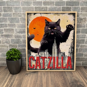 Catzilla Japanese Poster, Catzilla Black Cat Wall Art, Retro Cute Cat ...