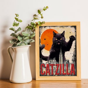 Catzilla Japanese Poster, Catzilla Black Cat Wall Art, Retro Cute Cat ...